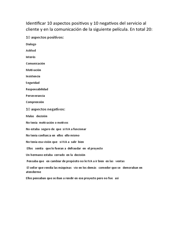 Identificar 10 Aspectos Positivos y 10 Negativos Del Servicio Al ...