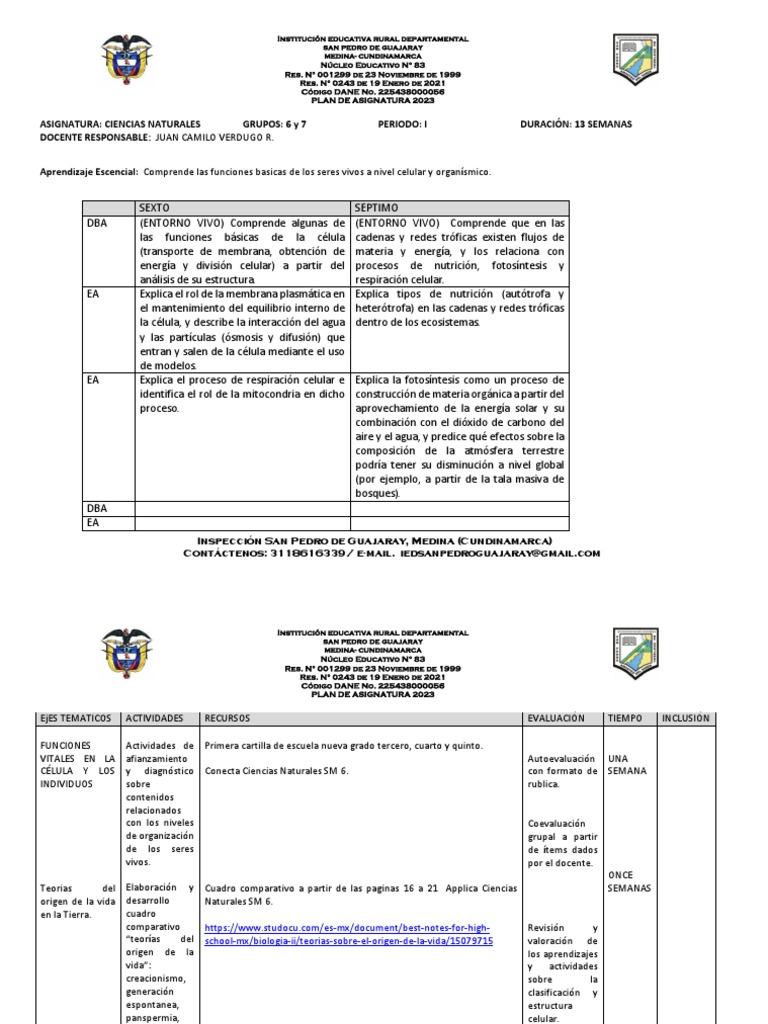 Plan de Asinganura Ciencias Narurales Sexto y Septimo Periodo 1 2023 ...