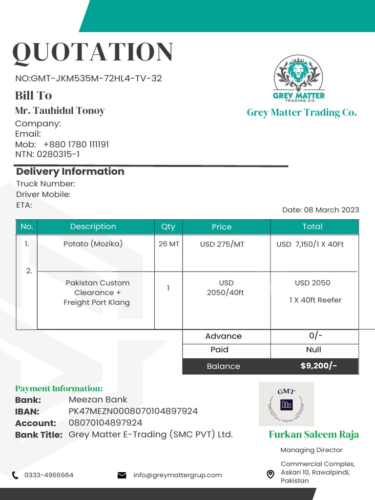 Potato Shipment Quotation | PDF