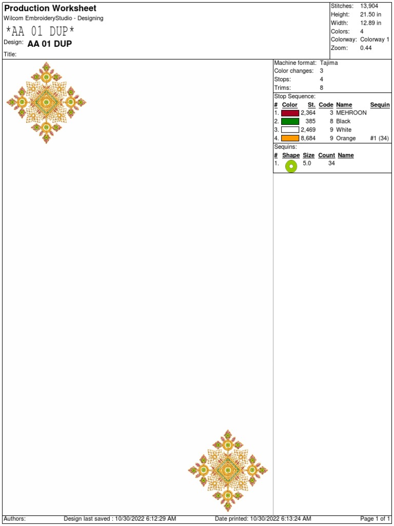 Embroidery design production worksheet with details | PDF