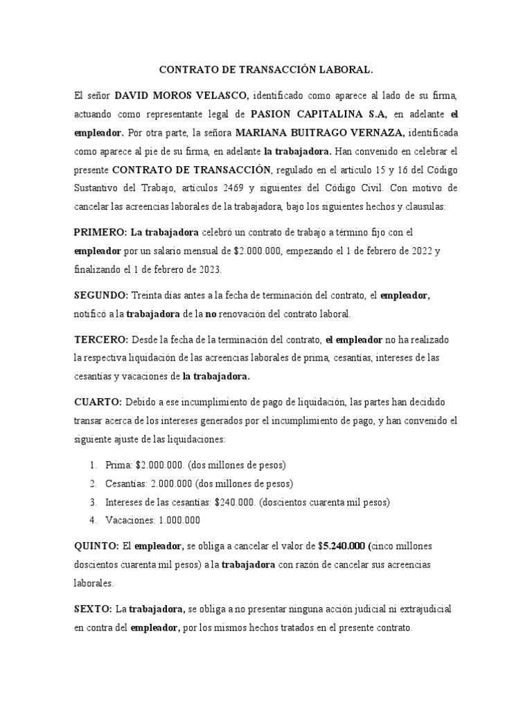Contrato de Transacción Laboral | PDF