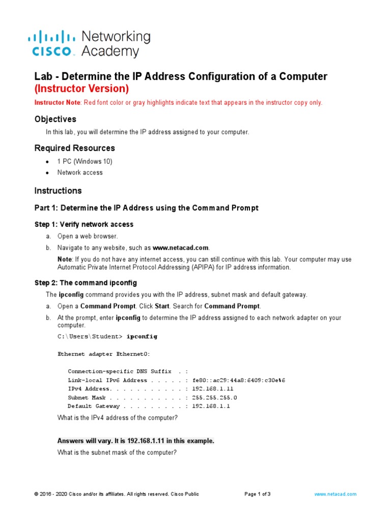 2.2.7 Lab - Determine IP Address Configuration of A Computer - ILM | PDF | Ip Address | Data ...