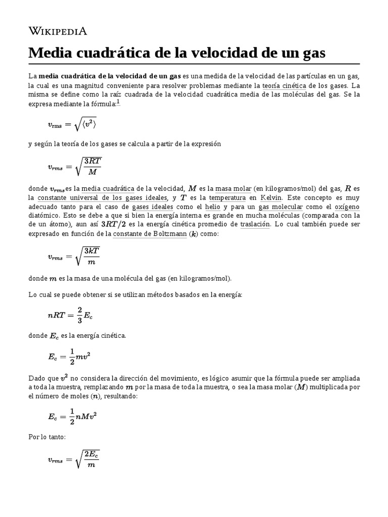 Media Cuadrática de La Velocidad de Un Gas | PDF | Gases | Física