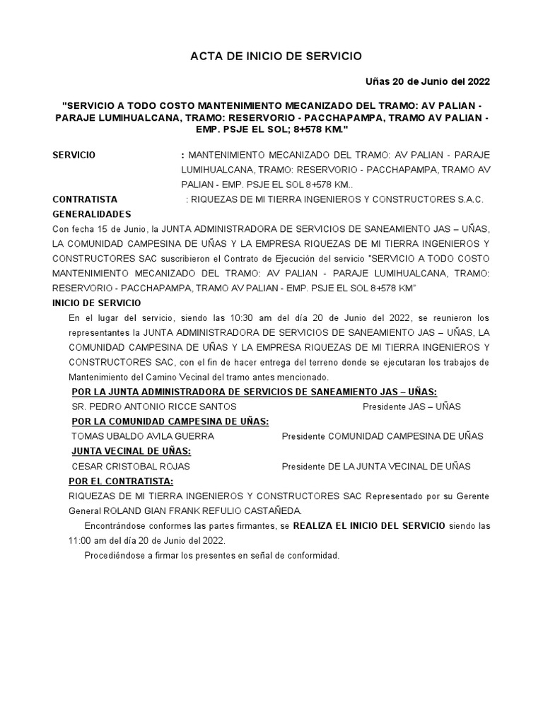 Acta de Inicio de Servicio | PDF