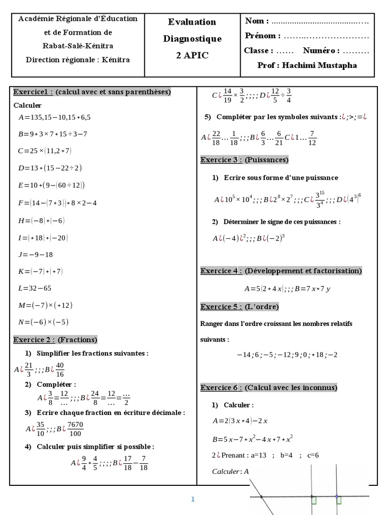 Évaluation Diagnostique Maths 2APIC | PDF | Triangle | Géométrie ...