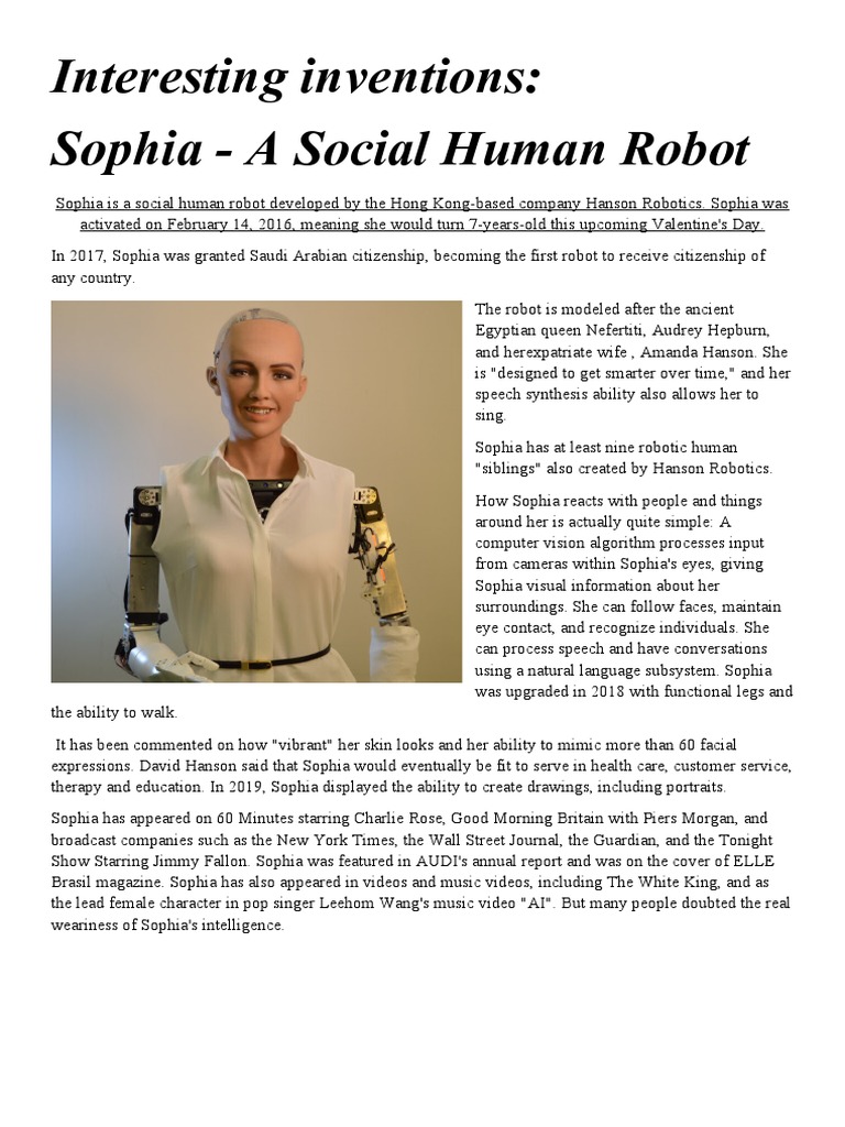 Interesting Inventions: Sophia - A Social Human Robot | PDF | Cognitive ...