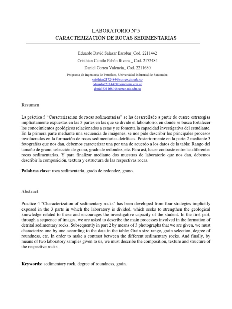 CARACTERIZACIÓN DE ROCAS SEDIMENTARIAS (Lab 5) | PDF | Roca clástica | Roca (geología)