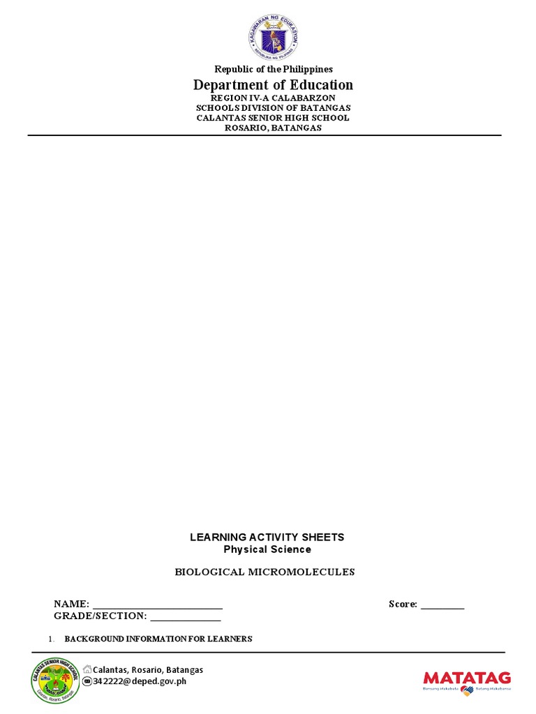 Learning Activity Sheets Physical Science | PDF | Nucleotides | Dna