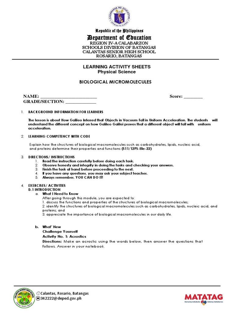 Learning Activity Sheets Physical Science | PDF | Dna | Inertia