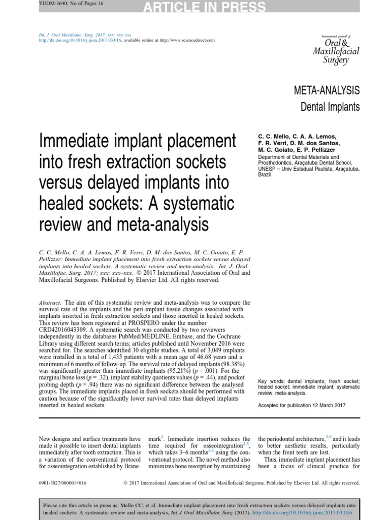 Immediate Implant Placement Into Fresh Extraction Sockets Versus Delayed Implants Into Healed ...