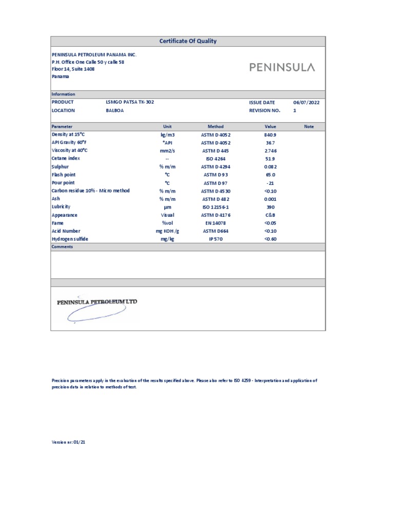 Peninsula Panama LSMGO Patsa July 6th Valme | PDF | Chemical Substances ...