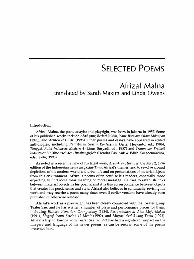Afrizal Malna: Selected Poems Overview | PDF