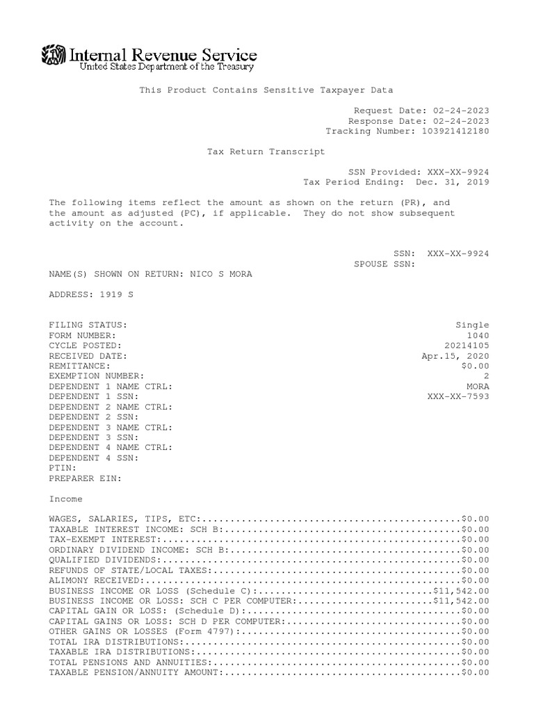 Tax Return Transcript - MORA - 103921412180 | PDF | Tax Deduction | Irs ...