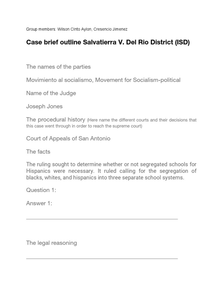 Case Brief Outline Salvatierra V. Del Rio District (Isd) : Group ...