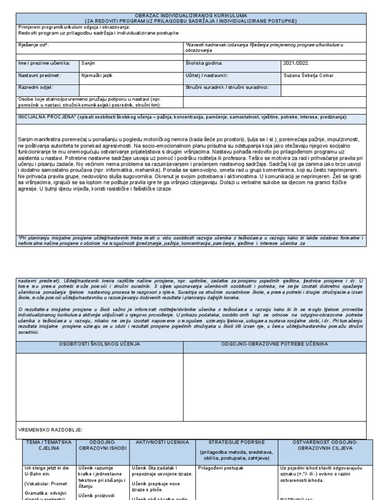 Obrazac Individualiziranog Kurikuluma | PDF