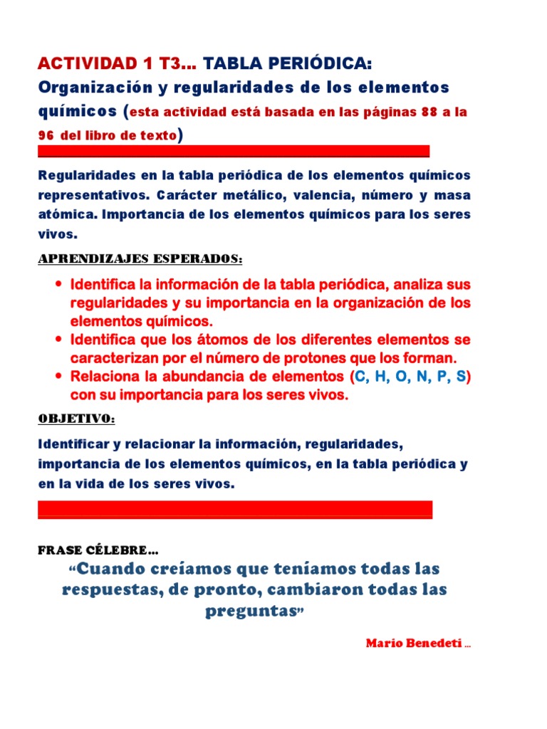 Actividad 1 T3 : Tabla Periódica: Organización y Regularidades de Los ...