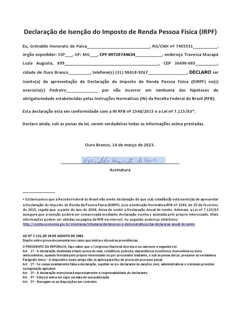 Declaração de Isenção Do Imposto de Renda Pessoa Física (IRPF) | PDF ...