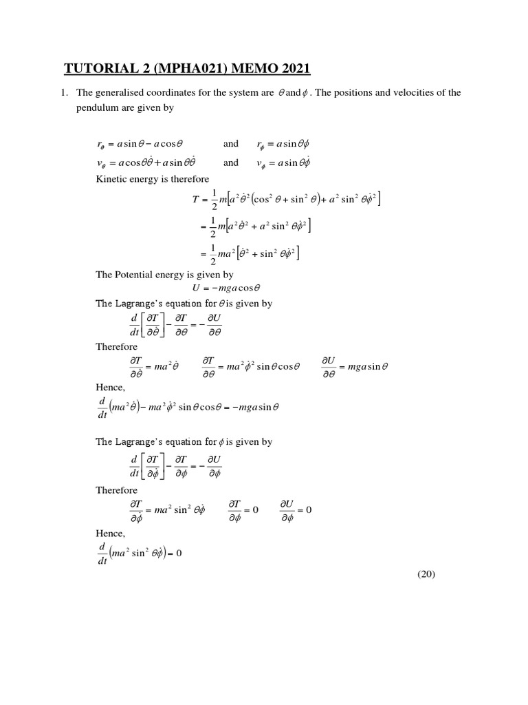 TUTORIAL 2 (MPHA021) MEMO 2021: A R A A V A V | PDF | Hamiltonian Mechanics | Physical Sciences