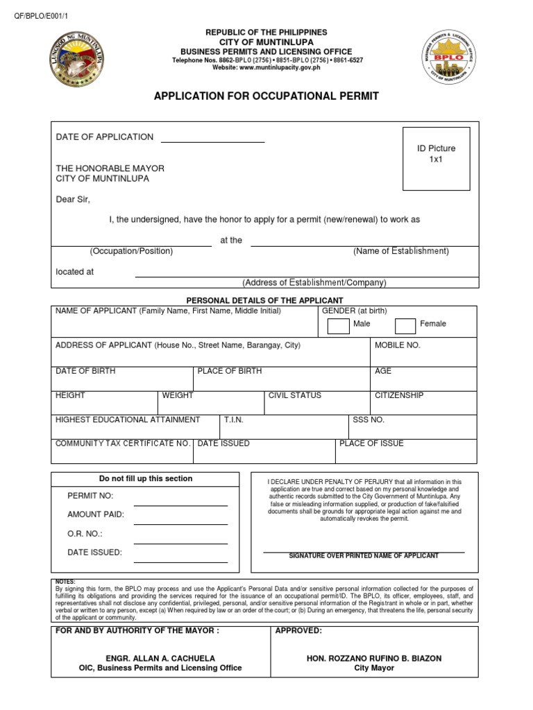 BPLO - Application Form For Occupational Permit Revised 07012022 1 - Editable | PDF | Government ...