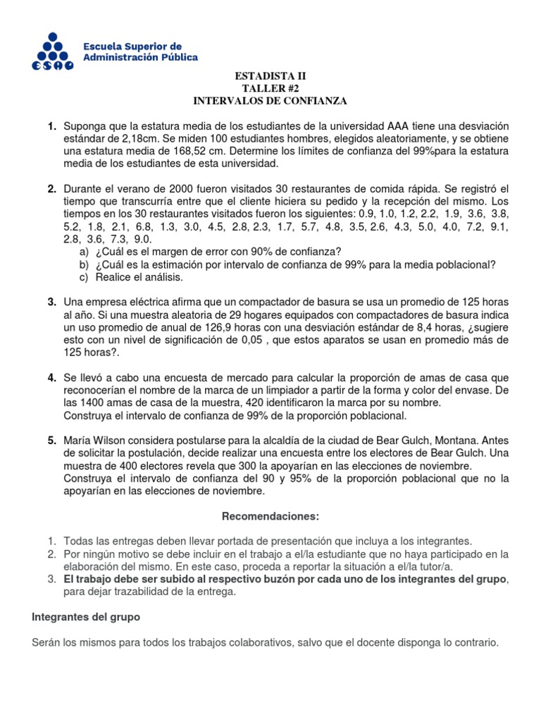 Taller 2-Intervalos | PDF | Intervalo de confianza | Muestreo (Estadísticas)