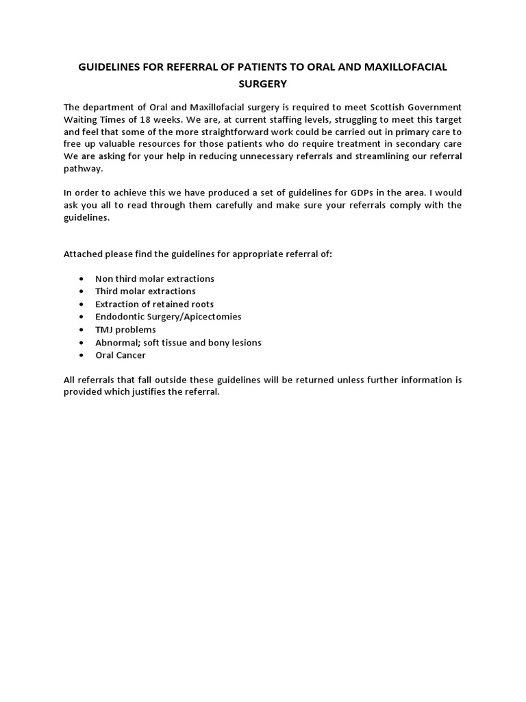 Guidelines For Referral of Patients To Oral and Maxillofacial Surgery | PDF | Medical ...