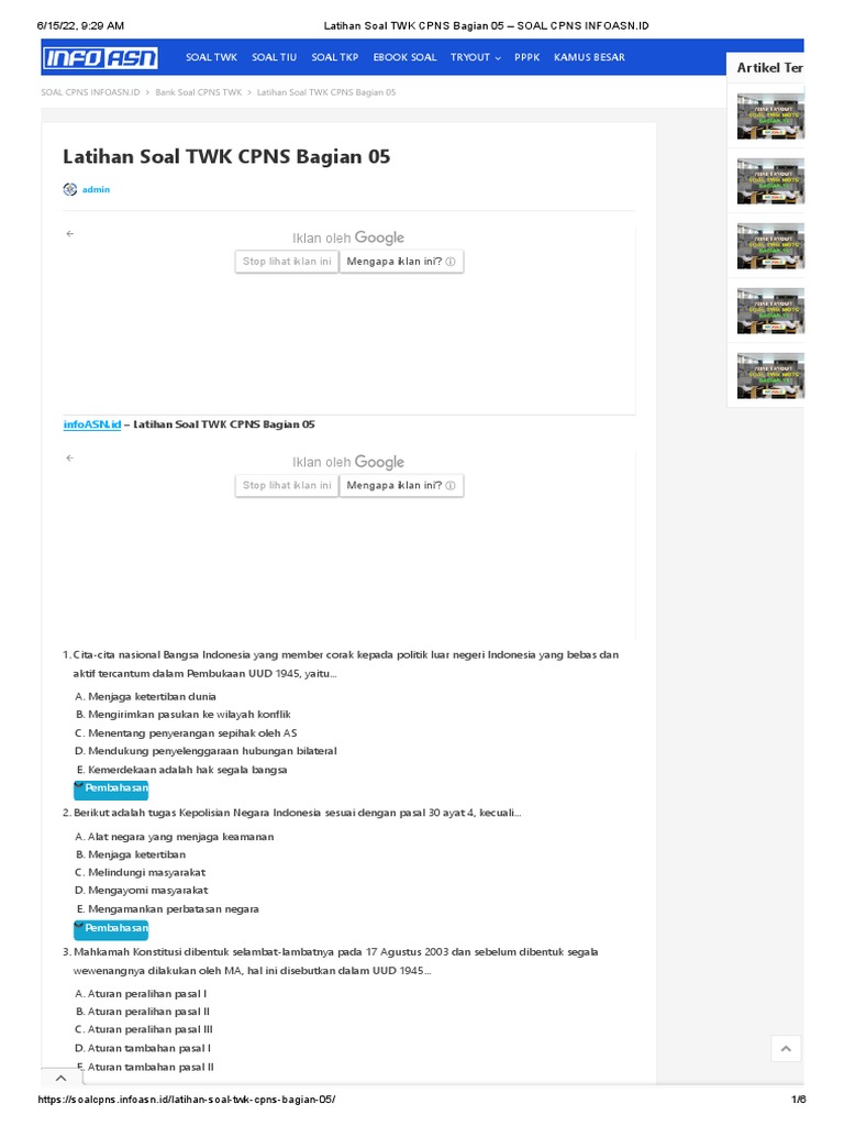 Latihan Soal TWK CPNS Bagian 05 - SOAL CPNS INFOASN - ID | PDF