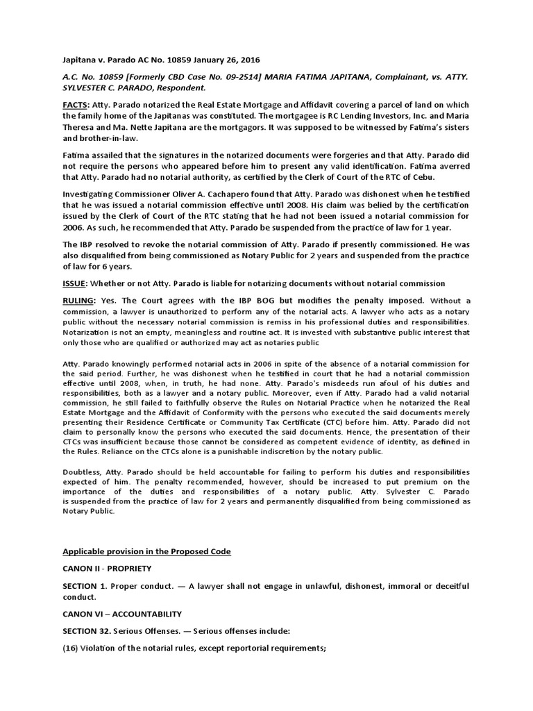 Japitana v. Parado AC No. 10859 January 26, 2016 | PDF | Notary Public ...
