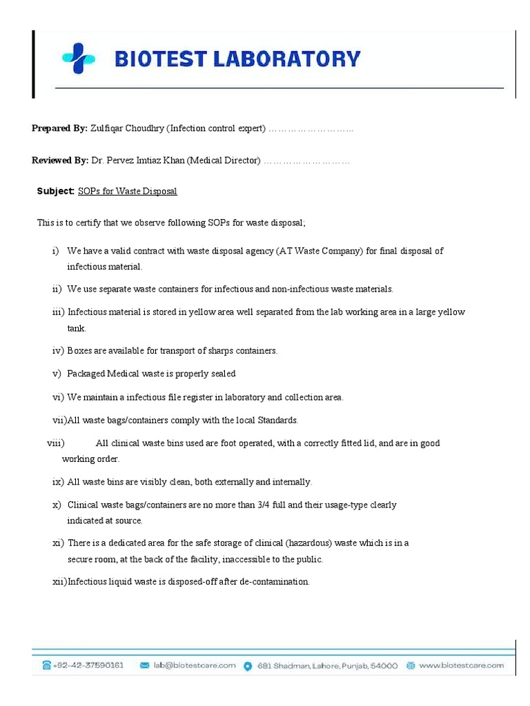 Standard Operating Procedures for the Safe Disposal of Medical Waste | PDF