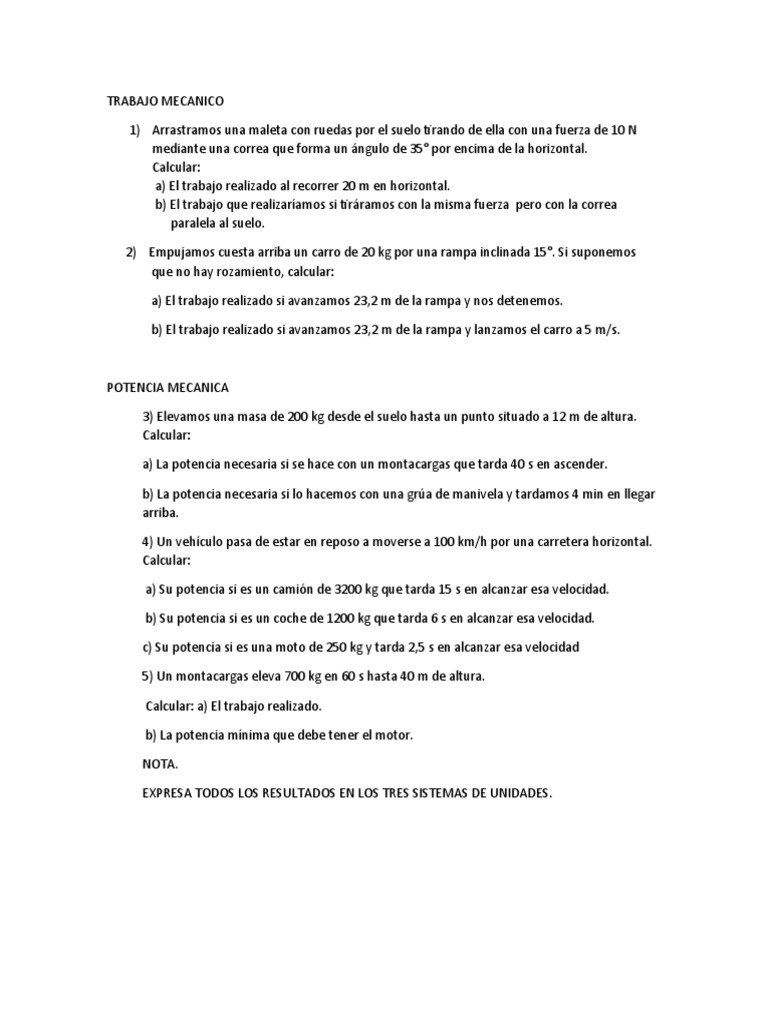 Trabajo Mecanico y Potencia Cuarto Julio | PDF