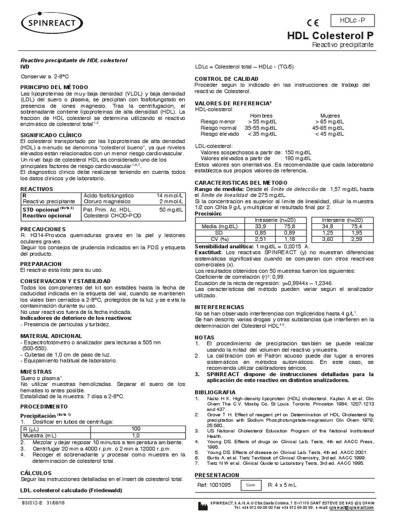 Inserto Spinreact HDL Precipitante 1001095 | Descargar gratis PDF | Lipoproteína de alta ...