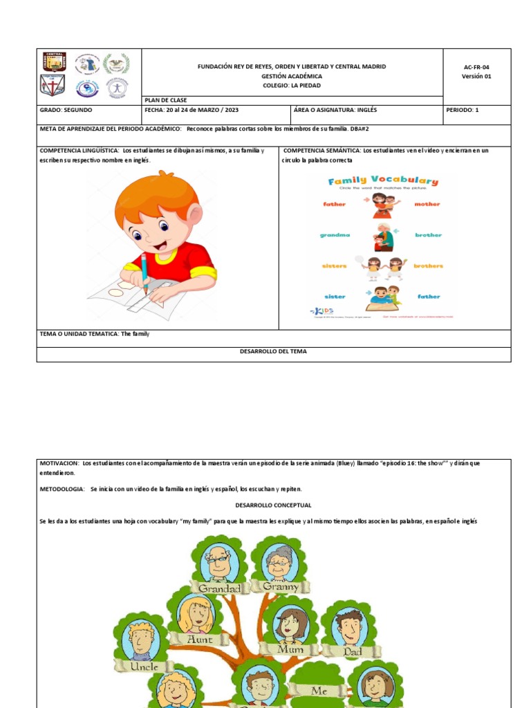 Plan de Clase: La Familia en Inglés | PDF | Cognición | Aprendizaje
