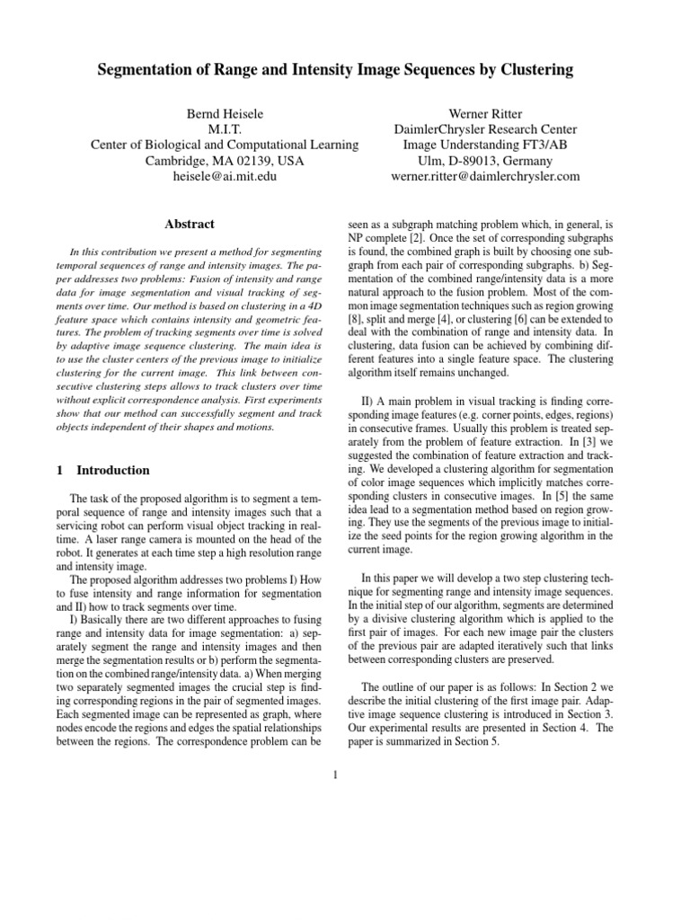 Segmentation of Range and Intensity Image Sequences by Clustering | Download Free PDF | Image ...