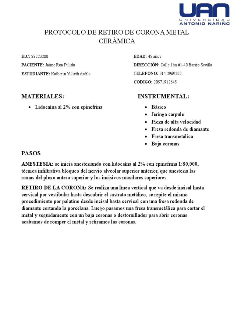 Protocolo de Retiro de Corona Metal Cerámica: Materiales: Instrumental | PDF