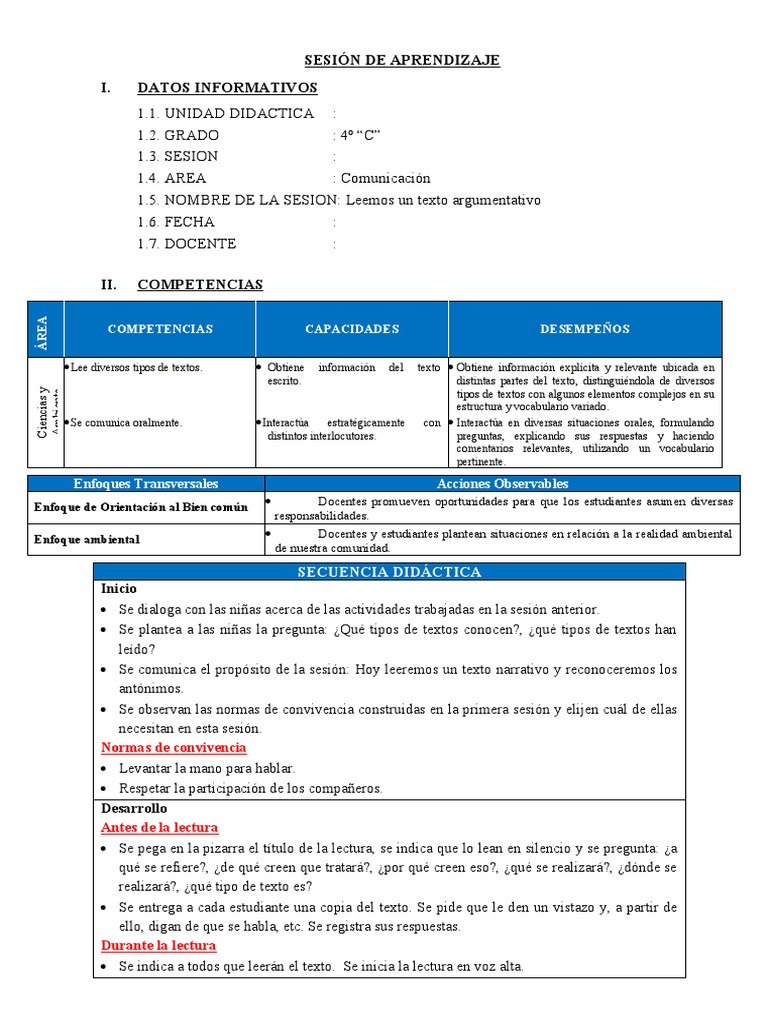 SESIÓN DE APRENDIZAJE COMUNICACION - Leemos Un Texto Argumentativo | PDF | Modificación de ...