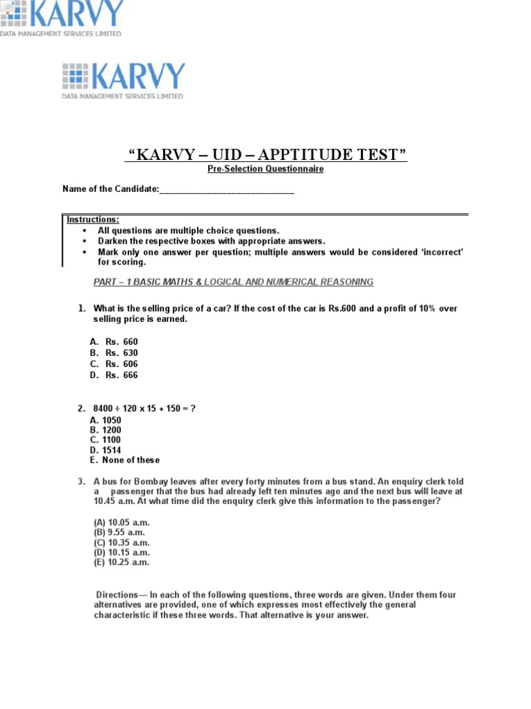 UID Aptitude Test Questions | PDF