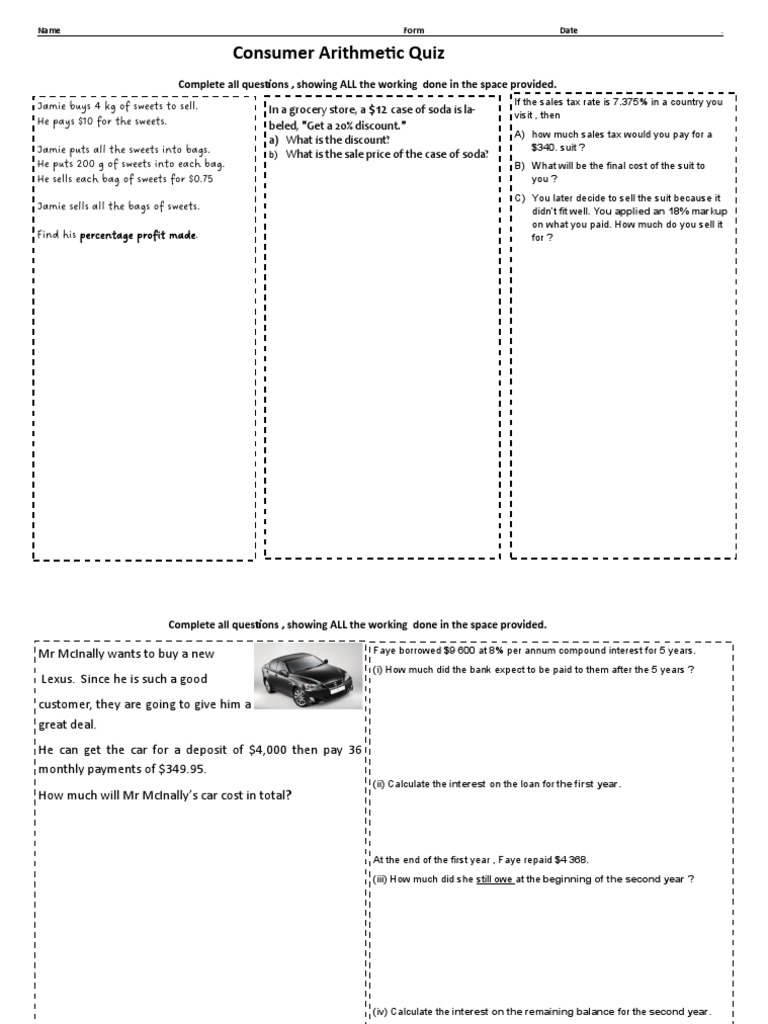 CCSLC Mathematics Consumer Arithmetic Worksheet | PDF | Interest ...