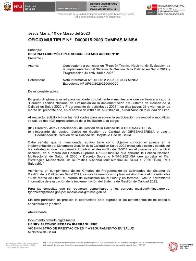 Oficio Multiple #D000015-2023-Dvmpas-Minsa: Jesus Maria, 10 de Marzo Del 2023 | PDF | Perú