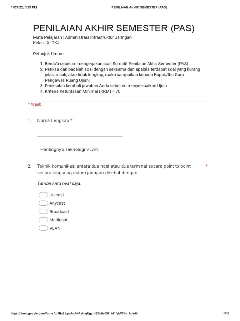 UAS - XI TKJ - AIJ - Google Formulir | PDF