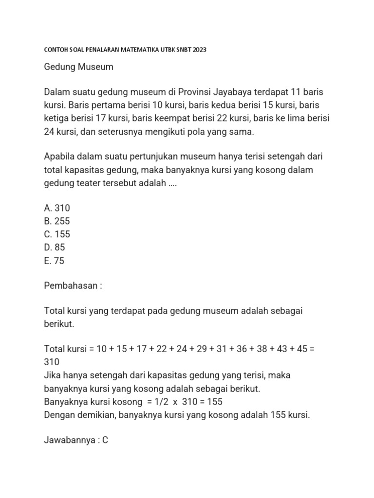 Contoh Soal Penalaran Matematika Utbk SNBT 2023 | PDF