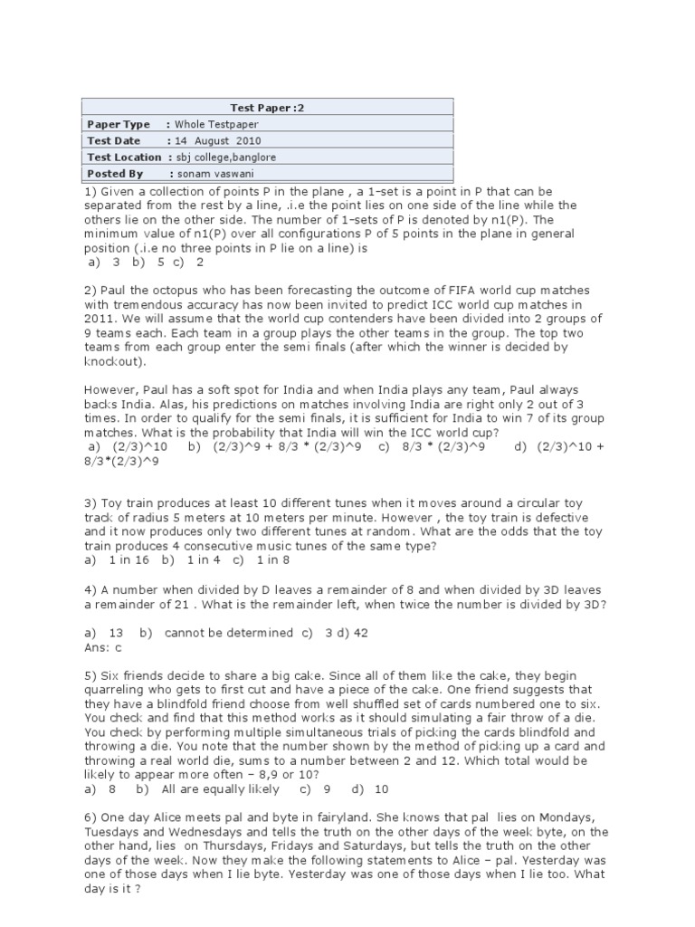 Test Paper:2 Paper Type: Whole Testpaper Test Date: 14 August 2010 Test ...