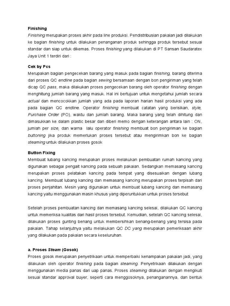Proses Finishing di Pabrik Garmen | PDF | Teknologi & Rekayasa