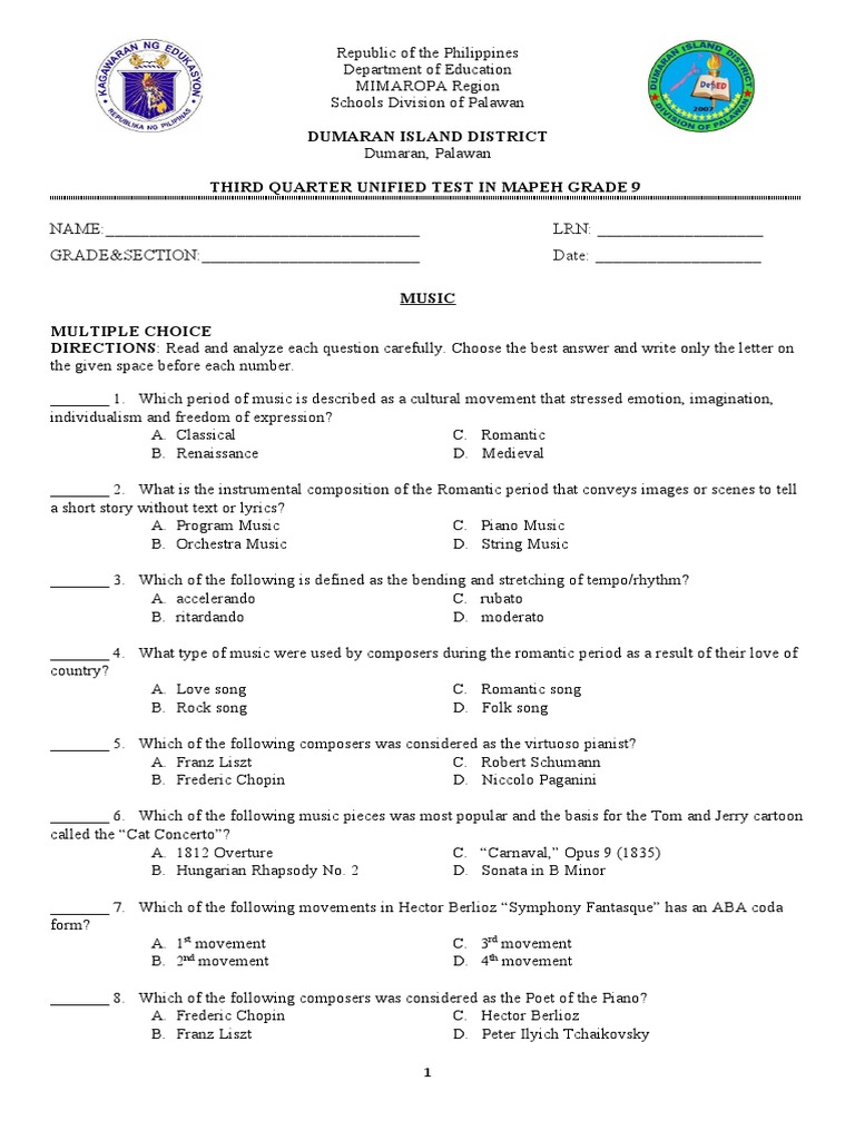 Mapeh 9 3RD Quarter Exam | PDF | First Aid | Franz Liszt