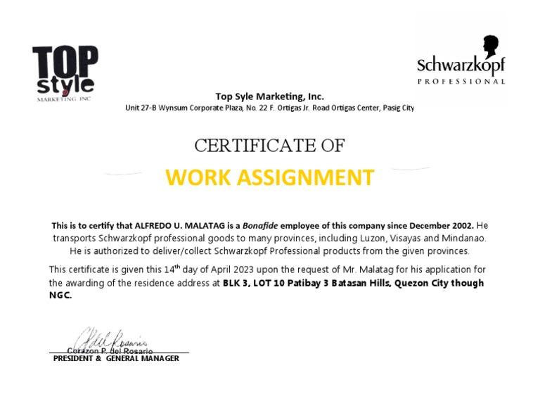 Certificate of Work Assignment | PDF
