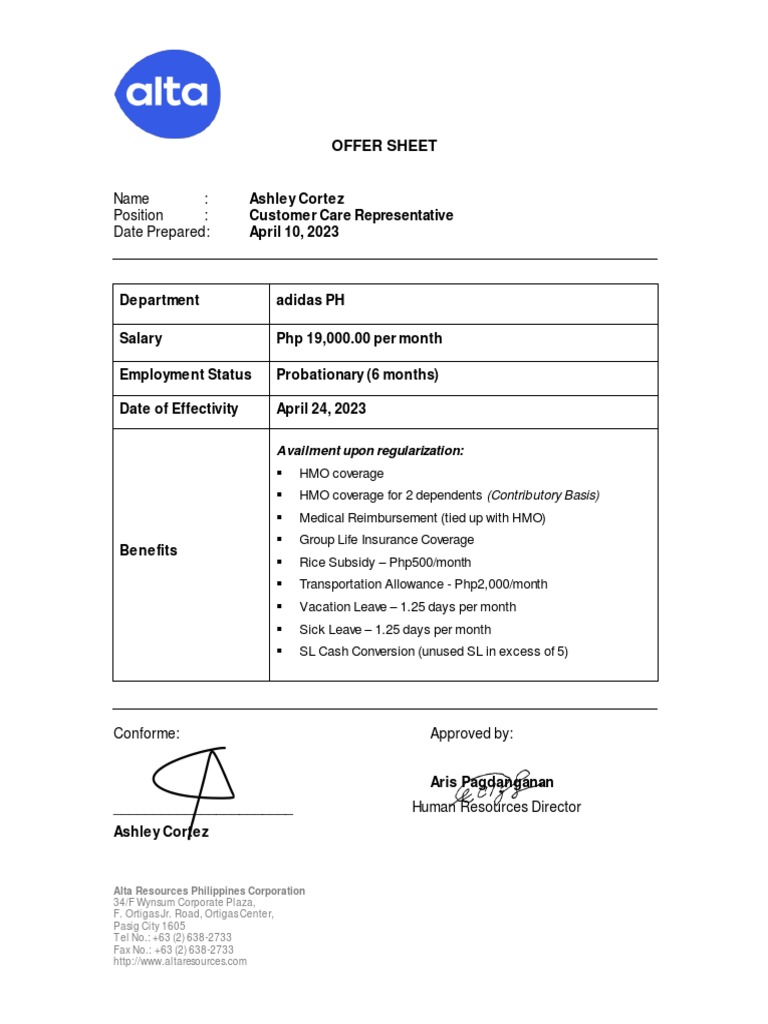 Ashley Cortez Offer Sheet | PDF