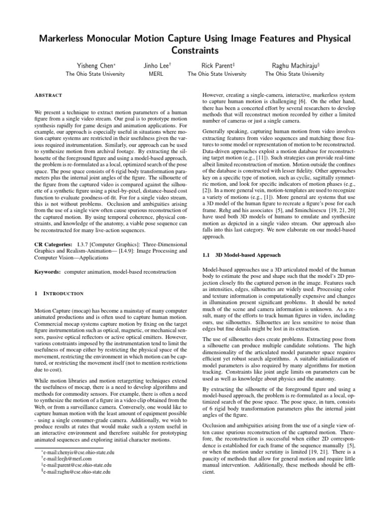 Markerless Monocular Motion Capture Using Image Features and Physical Constraints | PDF ...