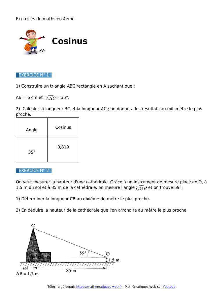 Cosinus Exercices de Maths en 4eme Corriges en PDF | PDF | Triangle ...