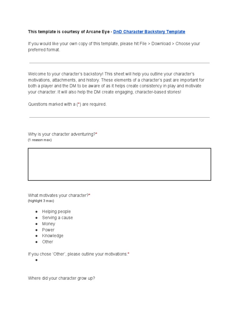 DnD Character Backstory Template | PDF | Games & Activities | Self ...