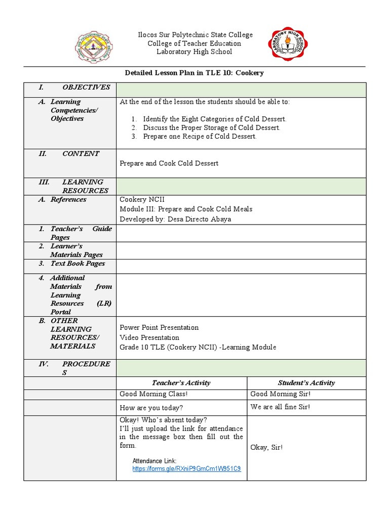 Detailed Lesson Plan in TLE 10: Cookery: Attendance Link | PDF ...