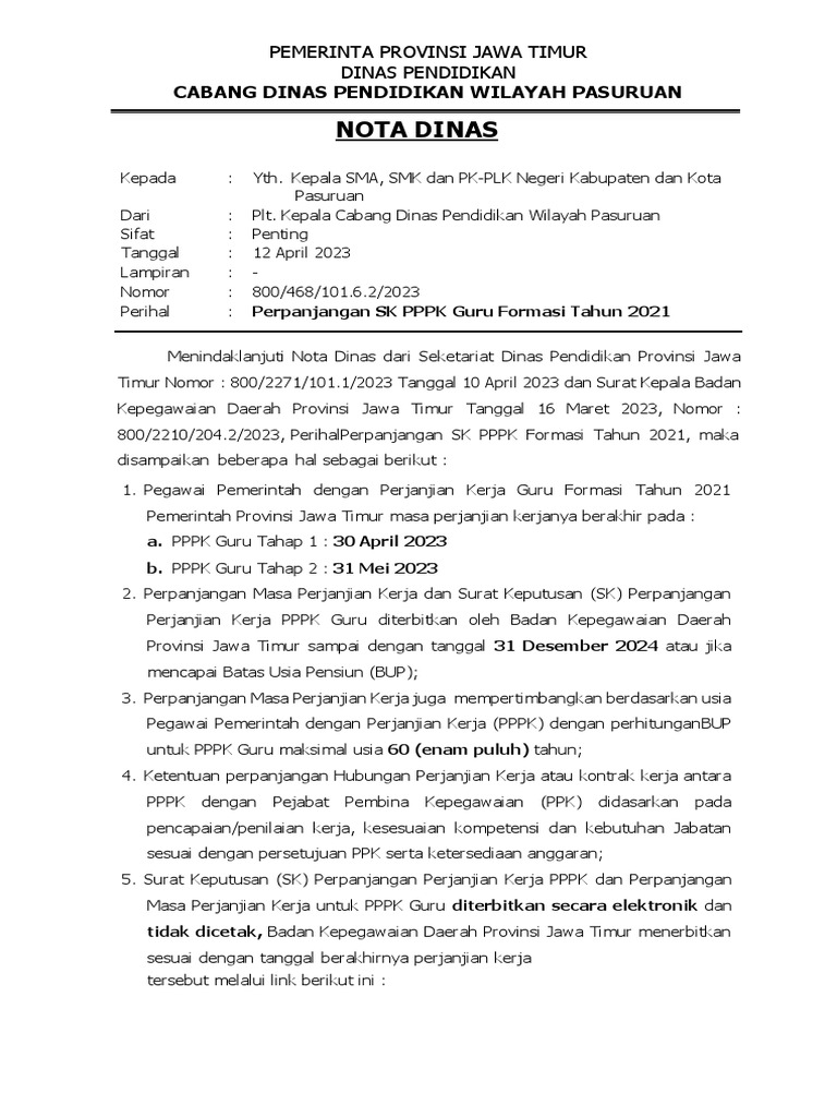 Nota Dinas Perpanjangan SK PPPK Guru Tahun 2021 | PDF