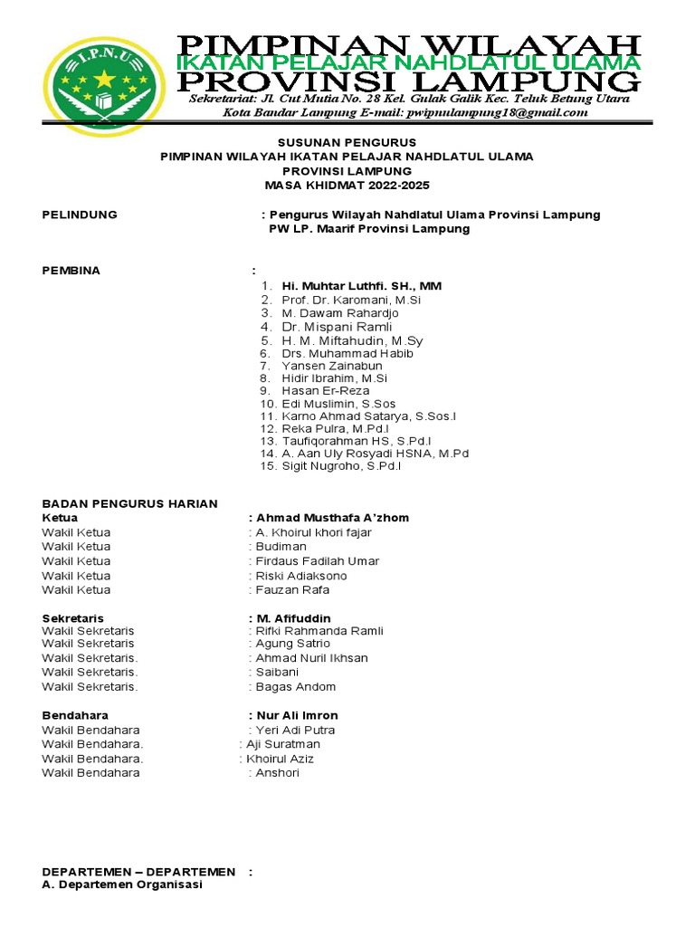 SUSUNAN PENGURUS PW 22-25 Fix-1 | PDF